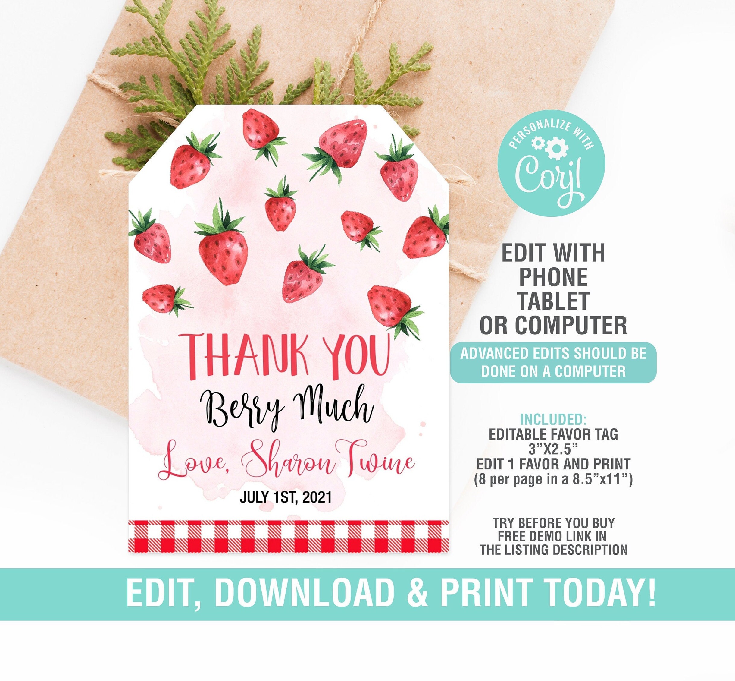 Strawberry Favor Tags EDITABLE Thank You Tags Strawberry | Etsy