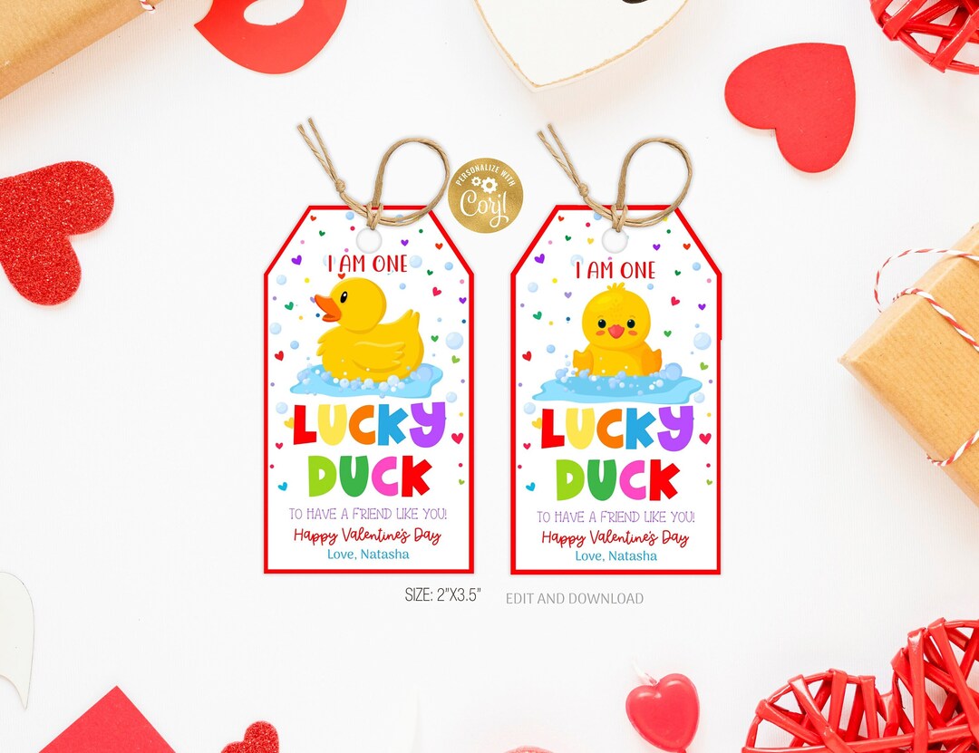 Lucky Duck Valentine’s Day Tag Editable Kids Classroom Valentine Rubber ...