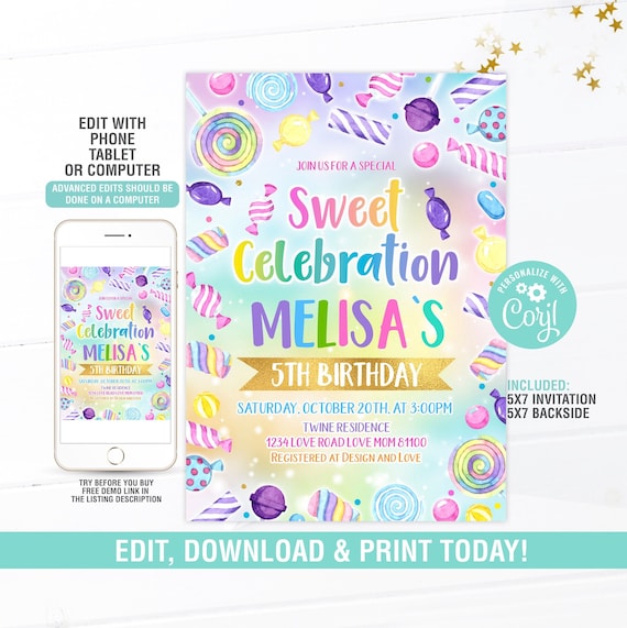 Candy Invitation Editablecandy Birthday Invitationsweet - Etsy