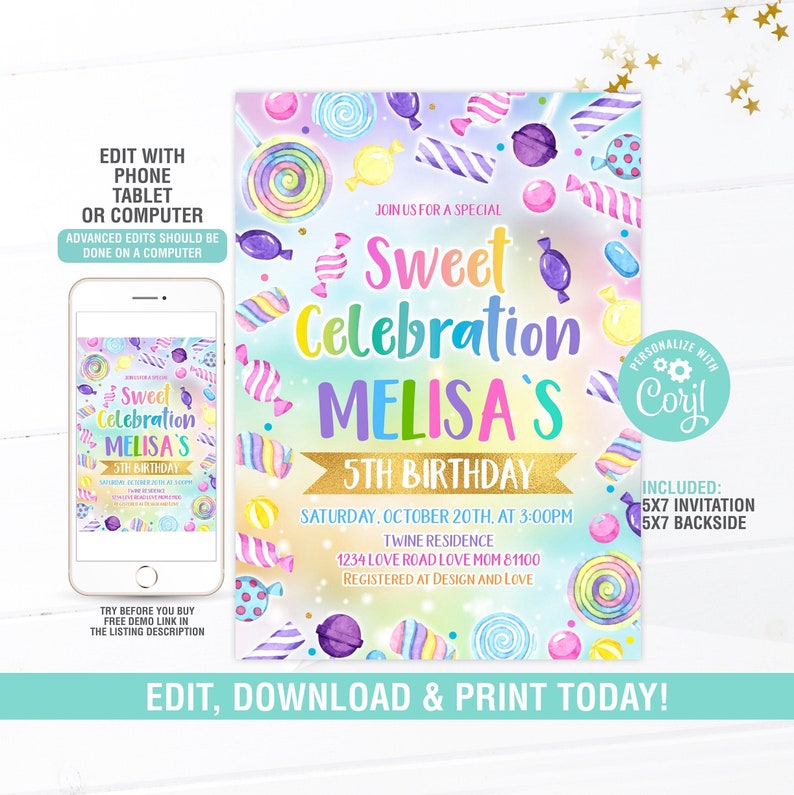 Candy Invitation Editablecandy Birthday Invitationsweet - Etsy
