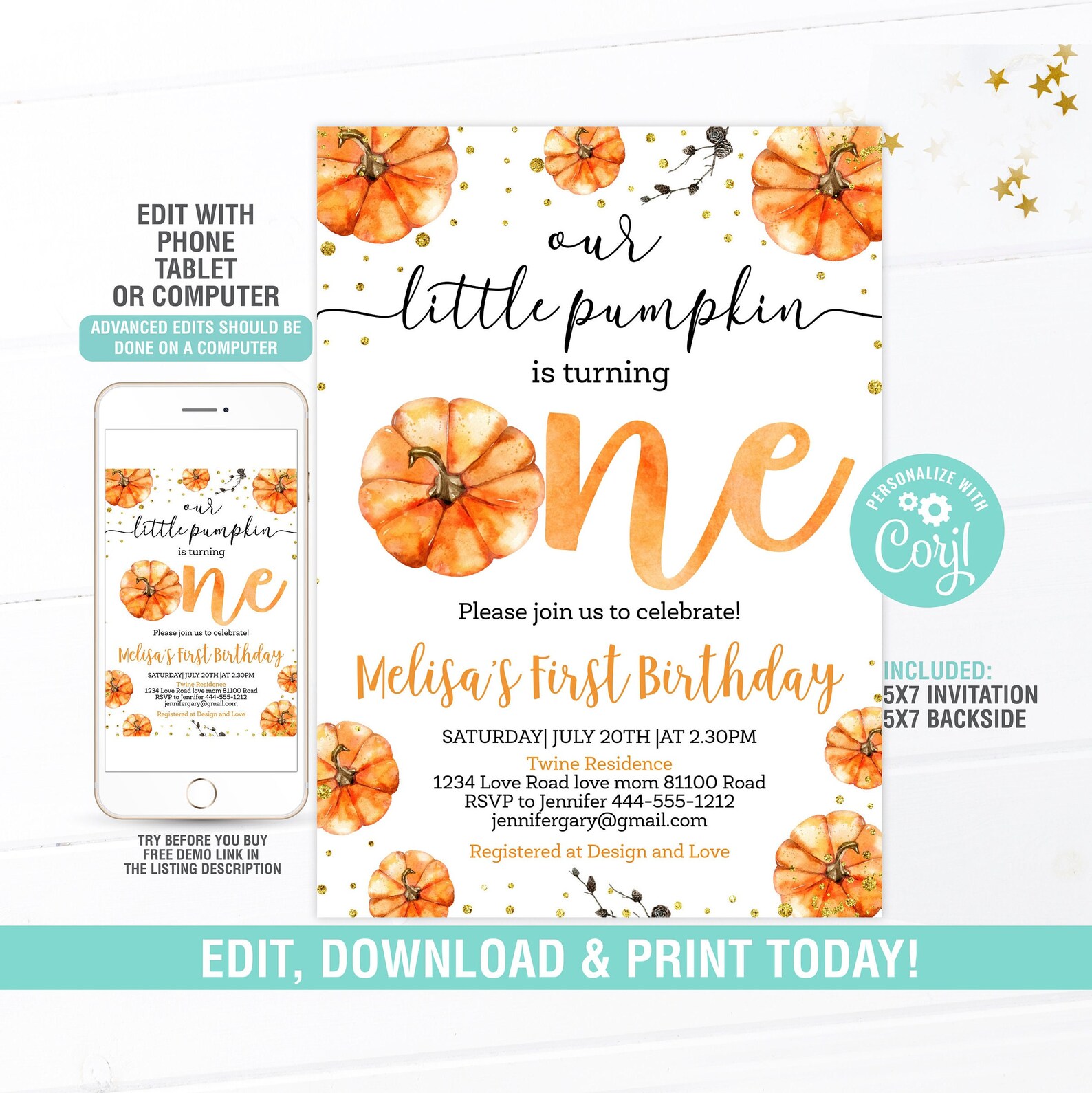 Pumpkin First Birthday Invitation EDITABLE Our Little Pumpkin - Etsy