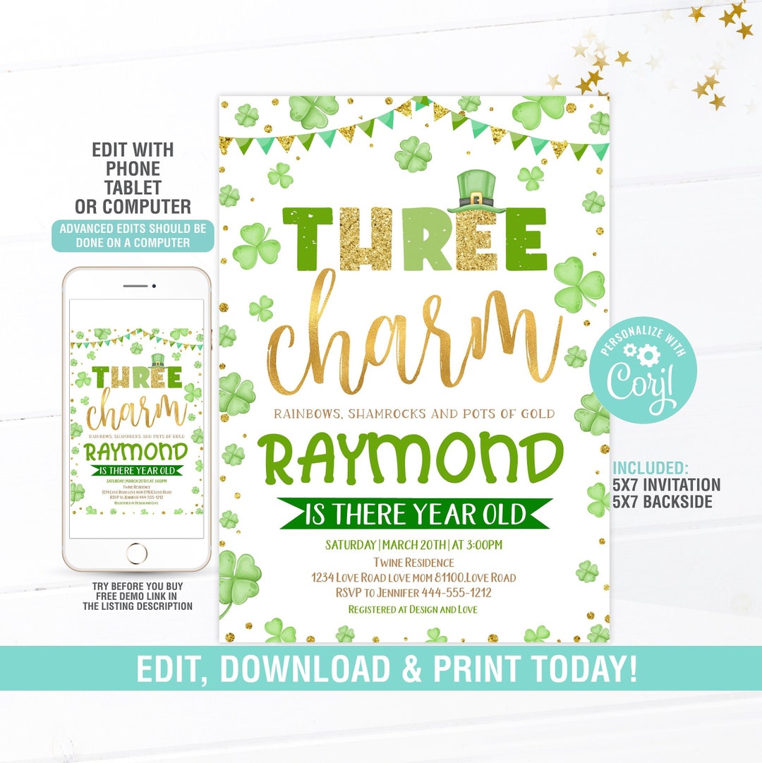 Three Charm Birthday Invitation EDITABLE, St Patrick Birthday Invite ...
