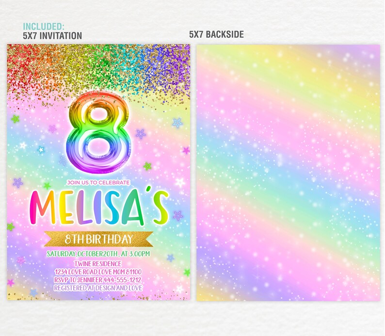 8th Birthday Invitation EDITABLE Rainbow Glitter Birthday - Etsy