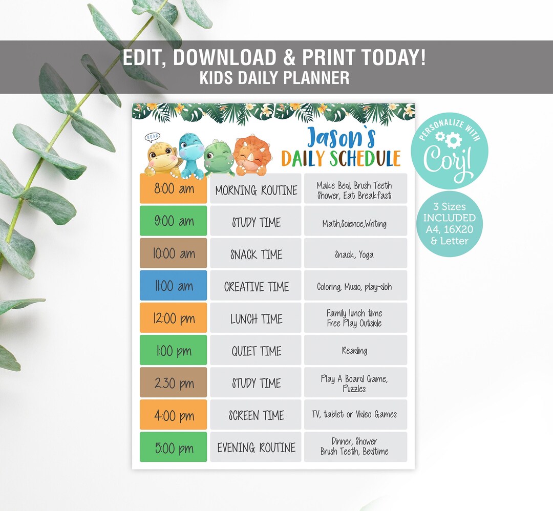 Home School Daily Planner Editable, Dinosaur Routine Schedule, Kids ...