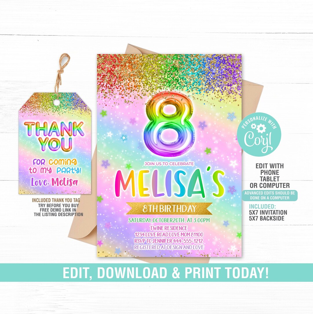 8th Birthday Invitation EDITABLE, Rainbow Glitter Birthday Invite ...