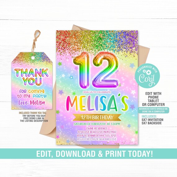 12th Birthday Invitation EDITABLE, Rainbow Glitter Birthday Invite ...