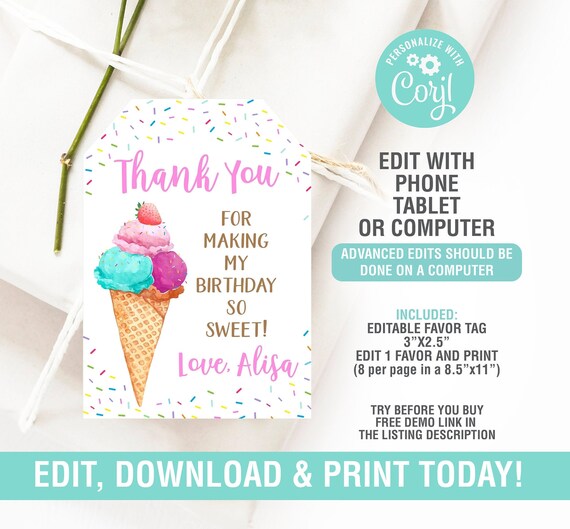 Ice Cream Favor Tag Ice Cream Sundae Thank You Tags Ice | Etsy