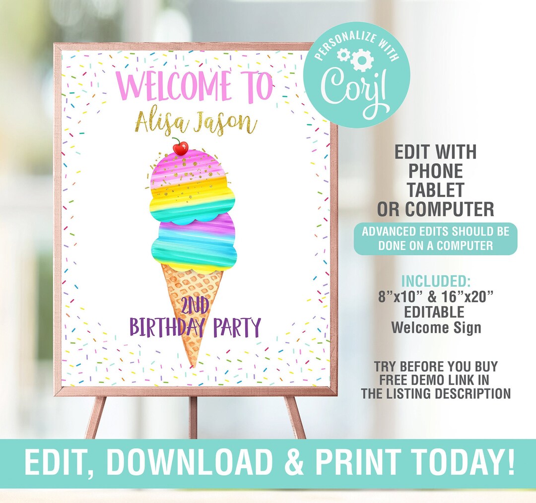 Ice Cream Welcome Sign EDITABLE, Ice Cream Party Sign, Birthday Welcome ...