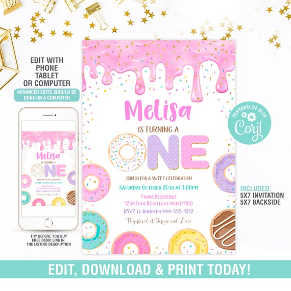 Donut Invitation EDITABLE, Donut Birthday Invite, Pink Donut Invite ...