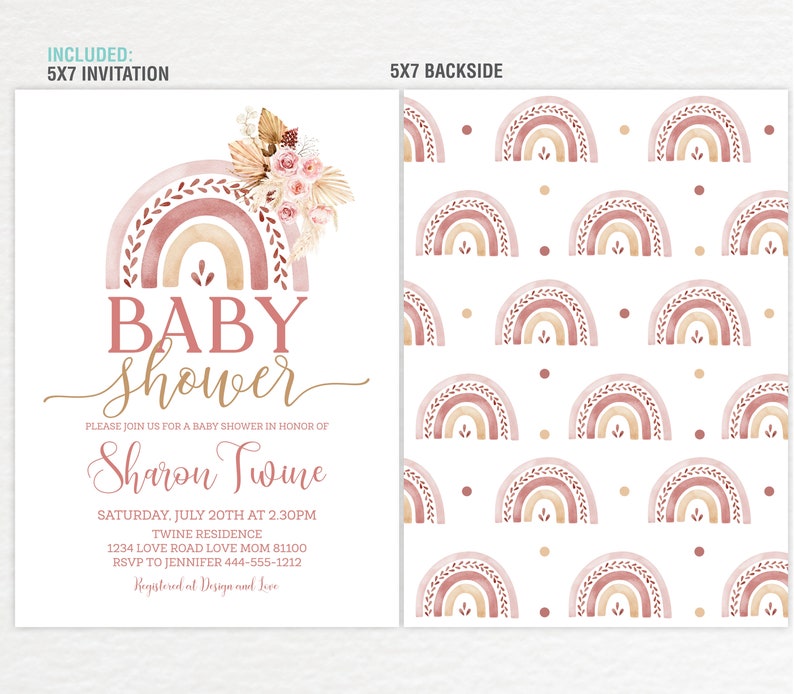 Boho Rainbow Baby Shower Invitation EDITABLE, Pink Pampas Grass Boho ...