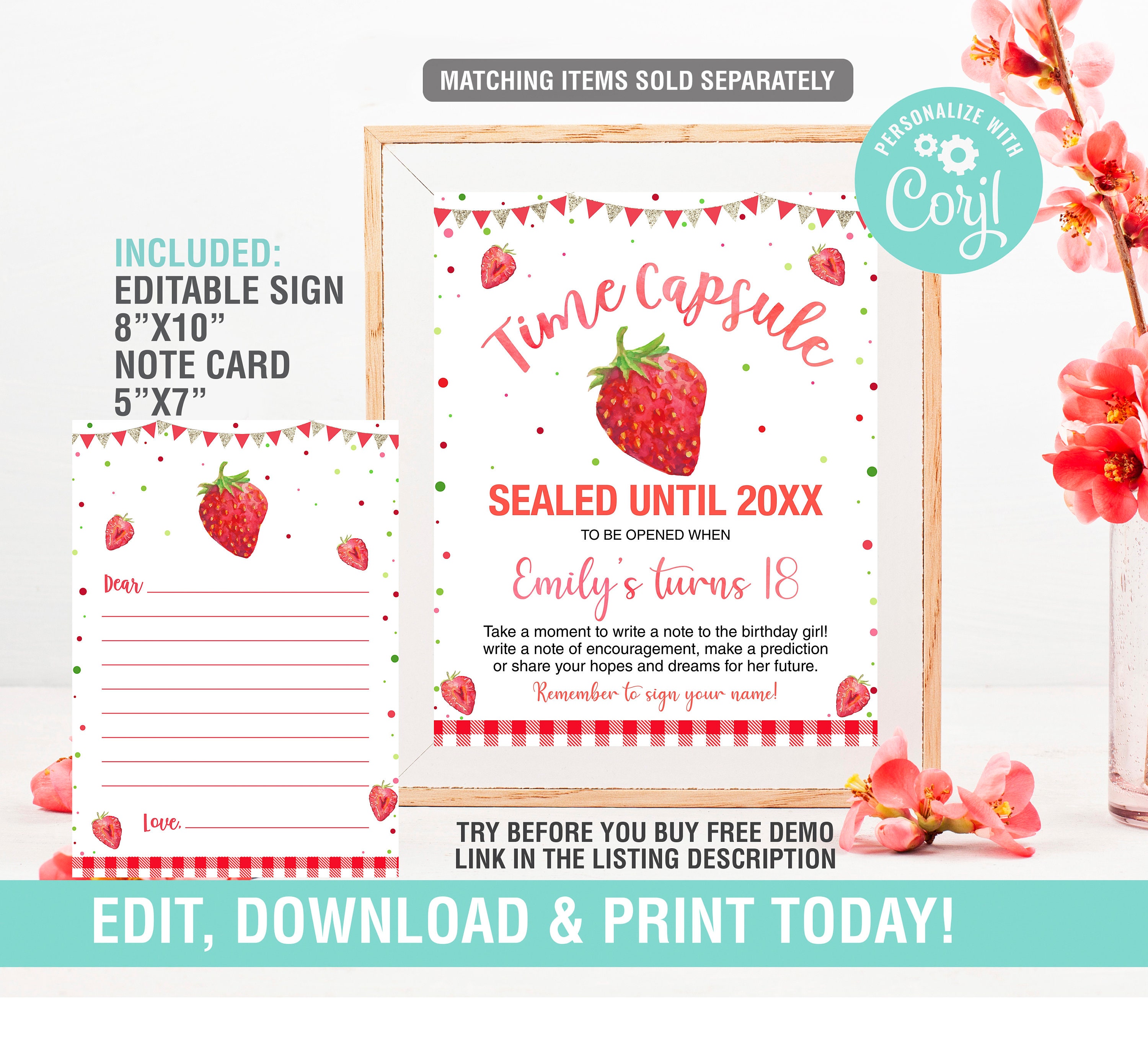 Strawberry Milestone Birthday Poster EDITABLE, Berry Sweet First ...