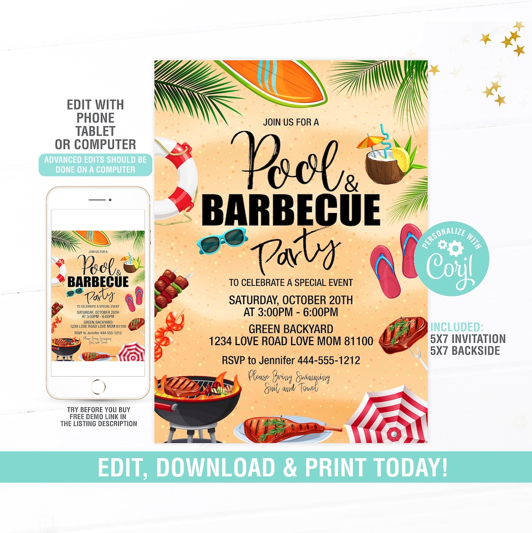 BBQ and Pool Party Invitations EDITABLE, Backyard BBQ and Pool Invite ...