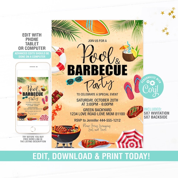 BBQ and Pool Party Invitations EDITABLE, Backyard BBQ and Pool Invite ...