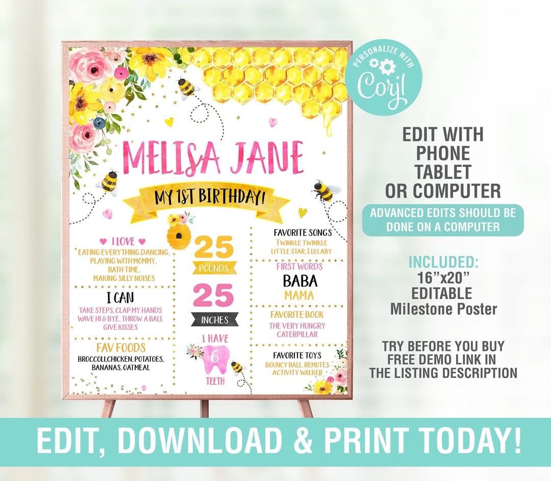 Bee Milestone Birthday Poster Editable,first Bee-day Milestone Board ...