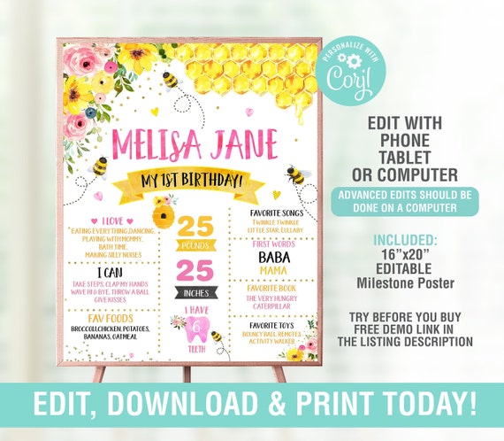 Bee Milestone Birthday Poster Editablefirst Bee-day Milestone | Etsy