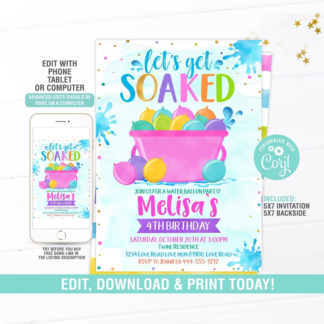 Water Balloon Birthday Invitation EDITABLE, Water Splash Party ...