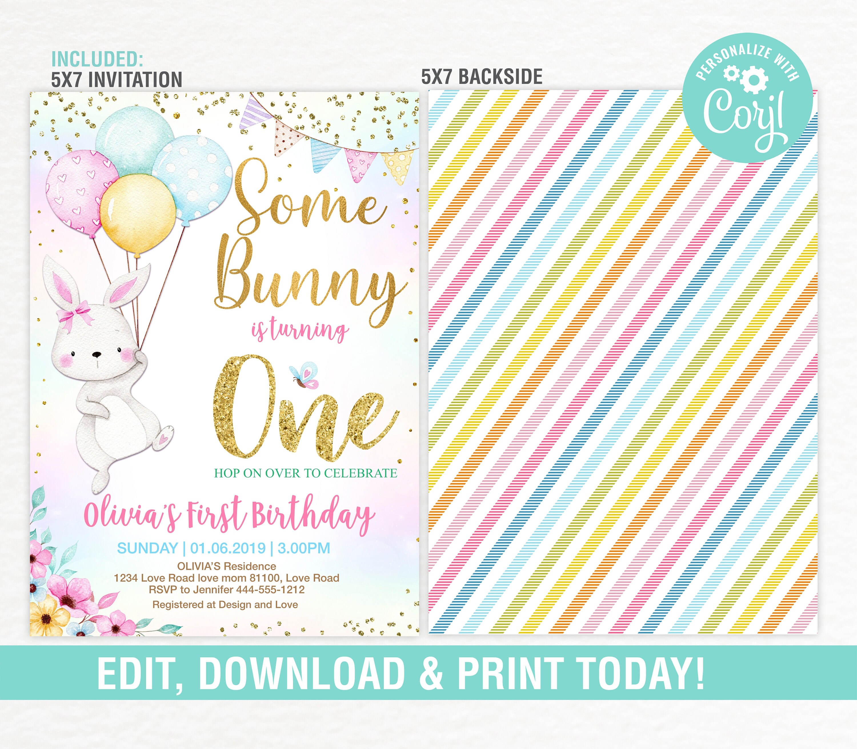 Bunny Birthday Invitation EDITABLE Bunny 1st Birthday Invite - Etsy