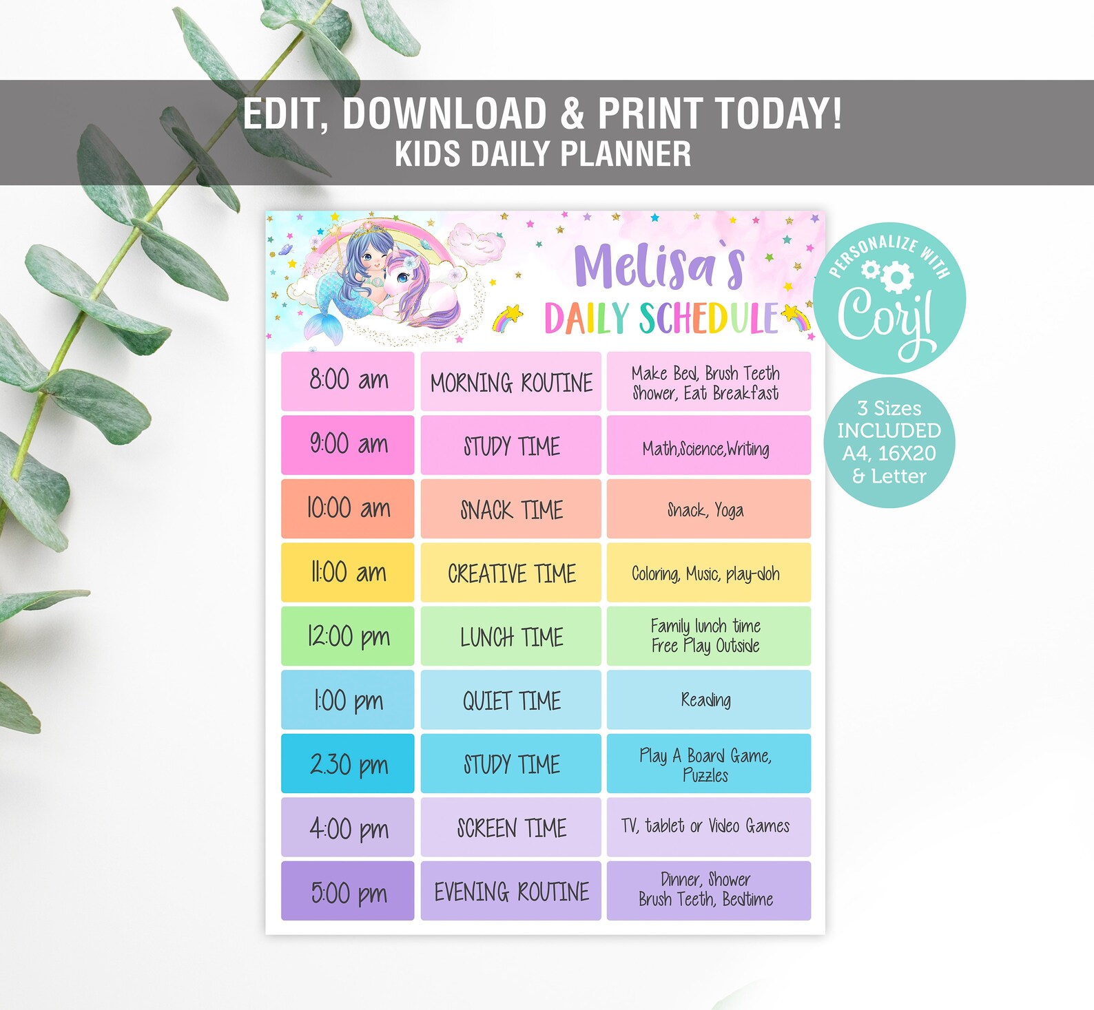 Home School Daily Planner Editablemermaid Unicorn Routine - Etsy