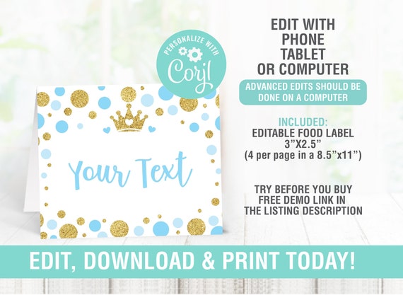 Blue Buffet Card, Tent Card Tags ,Label Food Polka Dots Gold, Instant ...