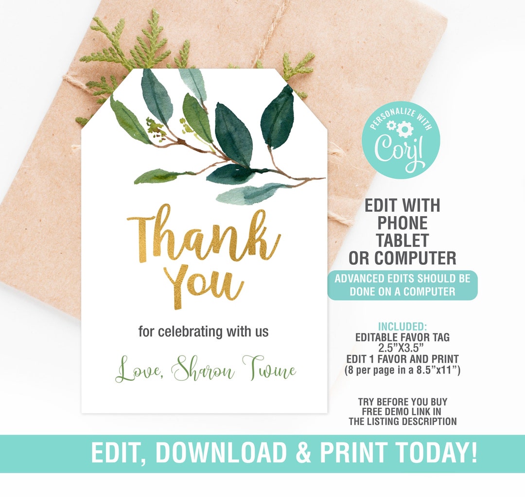 Greenery Thank You Favour Tag Template, Favor Tag Printable, Green ...