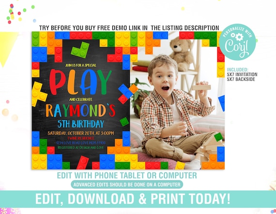 Building Blocks Birthday Invitation EDITABLE, Brick Birthday Invite ...