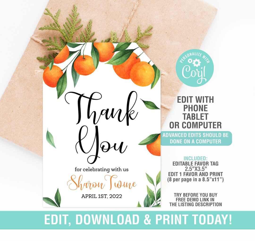 Orange Favor Tags EDITABLE, Thank You Tags, Citrus Thank You Tags, Gift ...