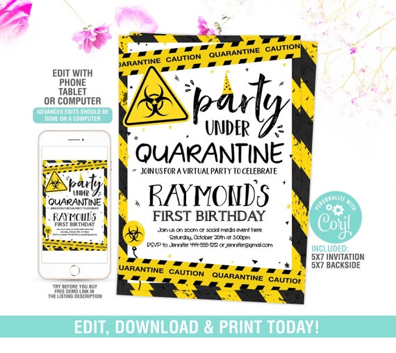 Editable Quarantine Birthday Invitation, Quarantine Invite,Zoom Virtual ...