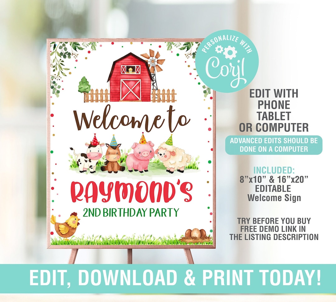 Farm Welcome Sign EDITABLE, Farm Animal Party Sign, Welcome Sign 16x20 ...