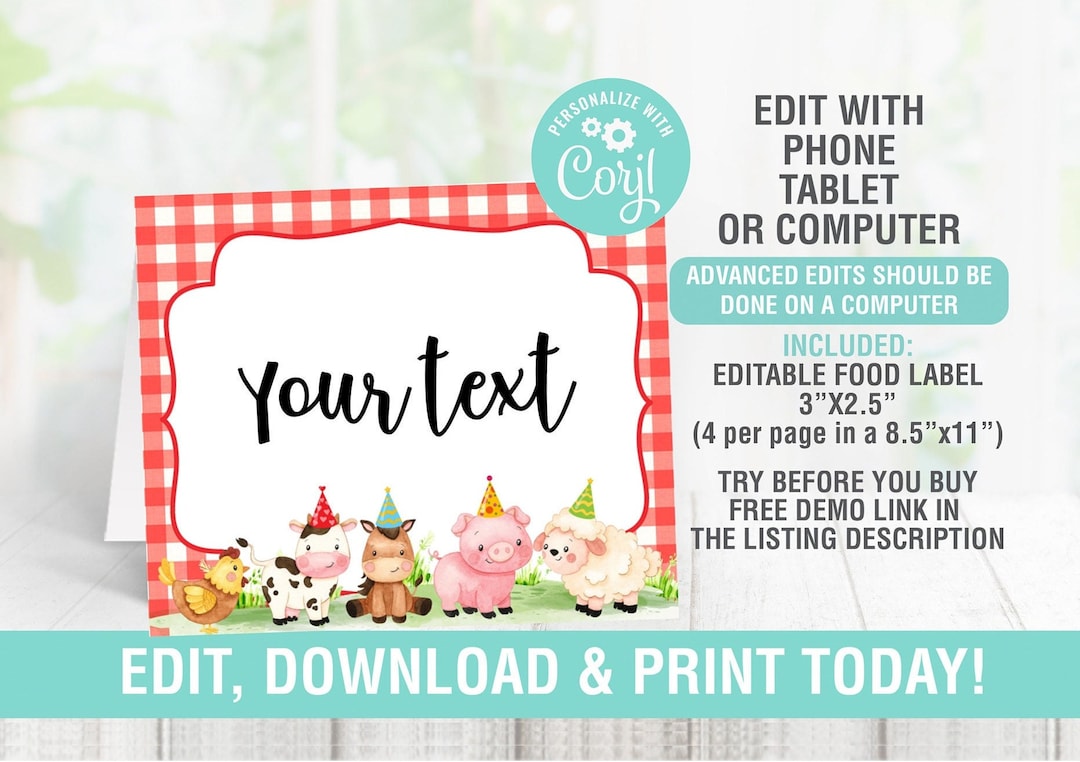 Farm Buffet Label EDITABLE, Farm Tropical Food Tent Cards, Food Table ...