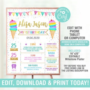 Ice Cream Milestone Birthday Poster, 1st Birthday Milestone Board ...