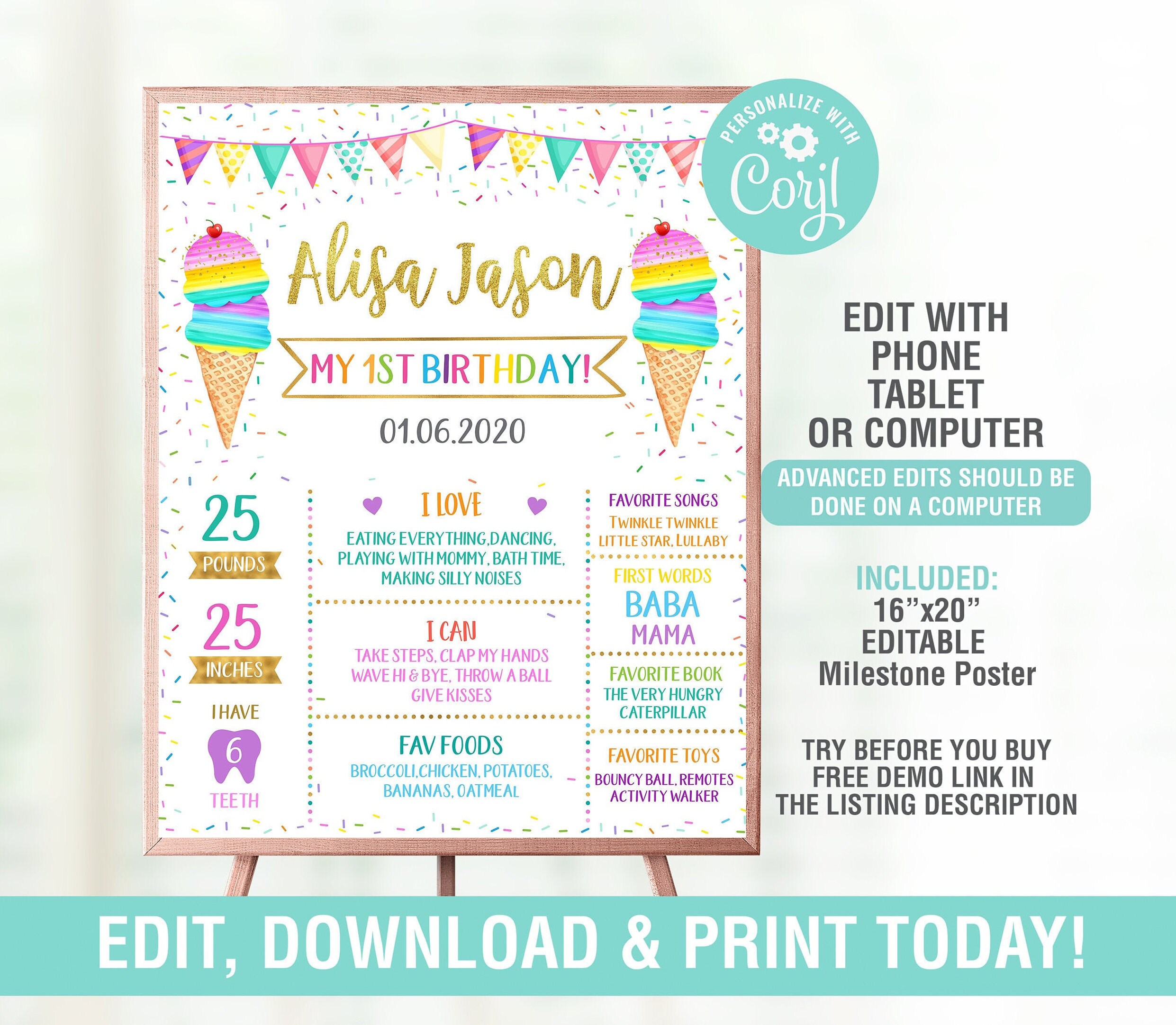 Ice Cream Milestone Birthday Poster 1st Birthday Milestone | Etsy