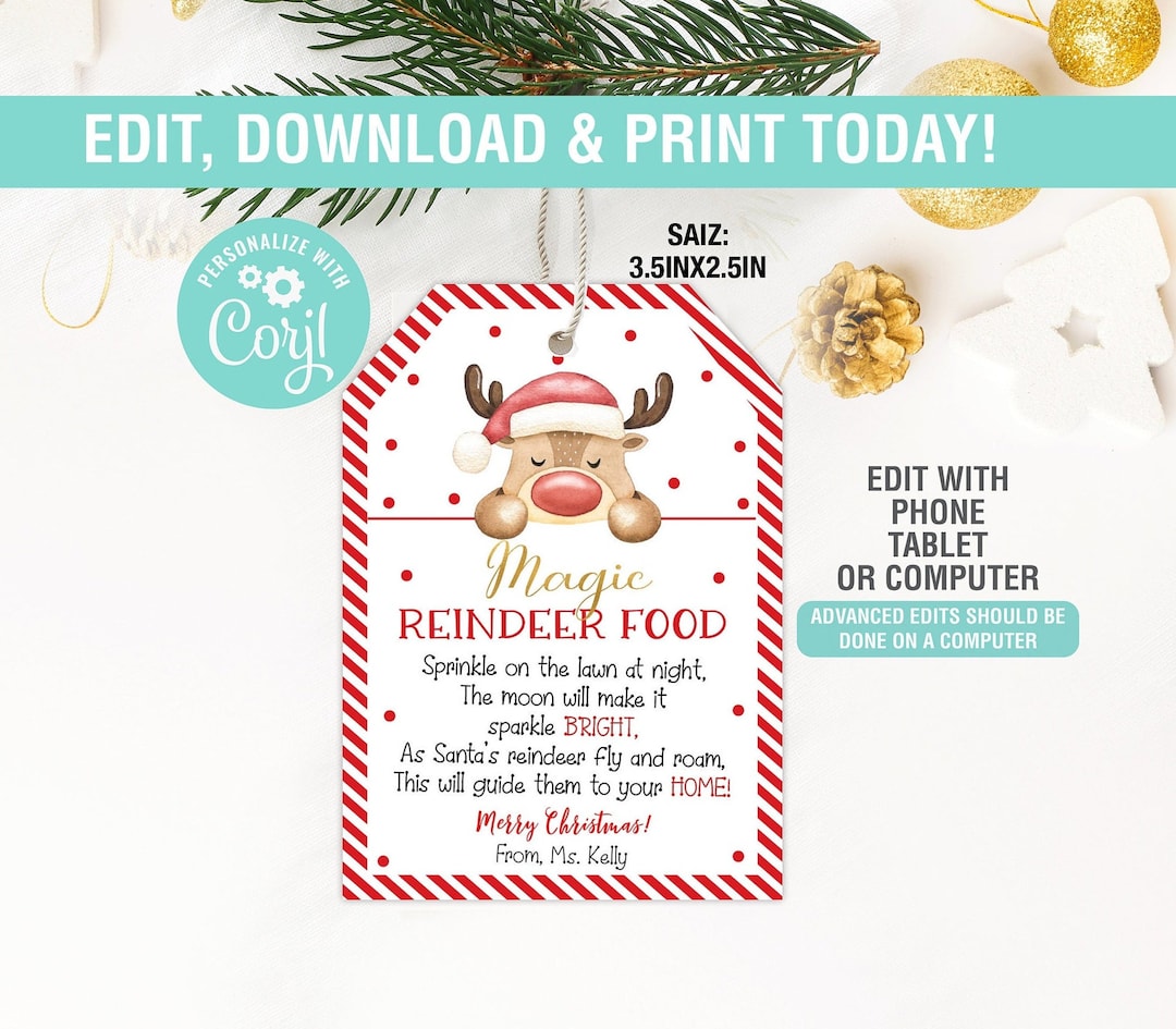 Magic Reindeer Food Label Tag EDITABLE Printable, Christmas Gift Tag ...