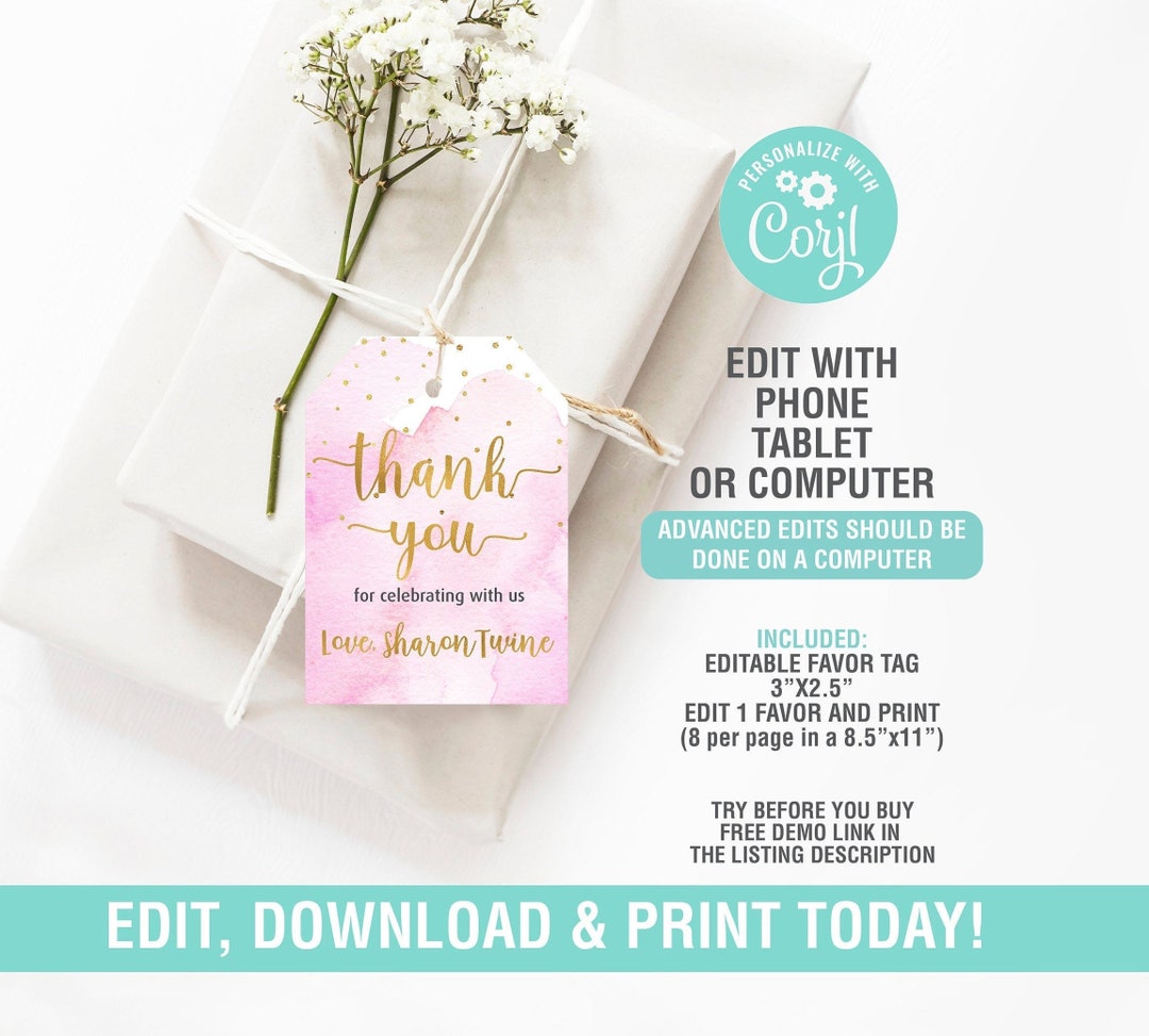 Pink Thank You Tag, Favor Tags, Girl Gift Tag, Pink Gold Printable Tags ...