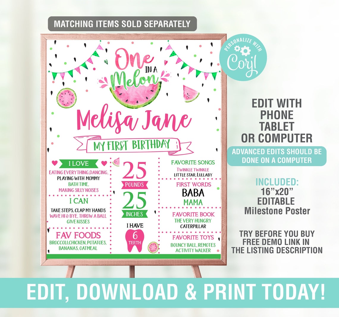 Editable Watermelon Milestone Birthday Poster Pink Watermelon - Etsy