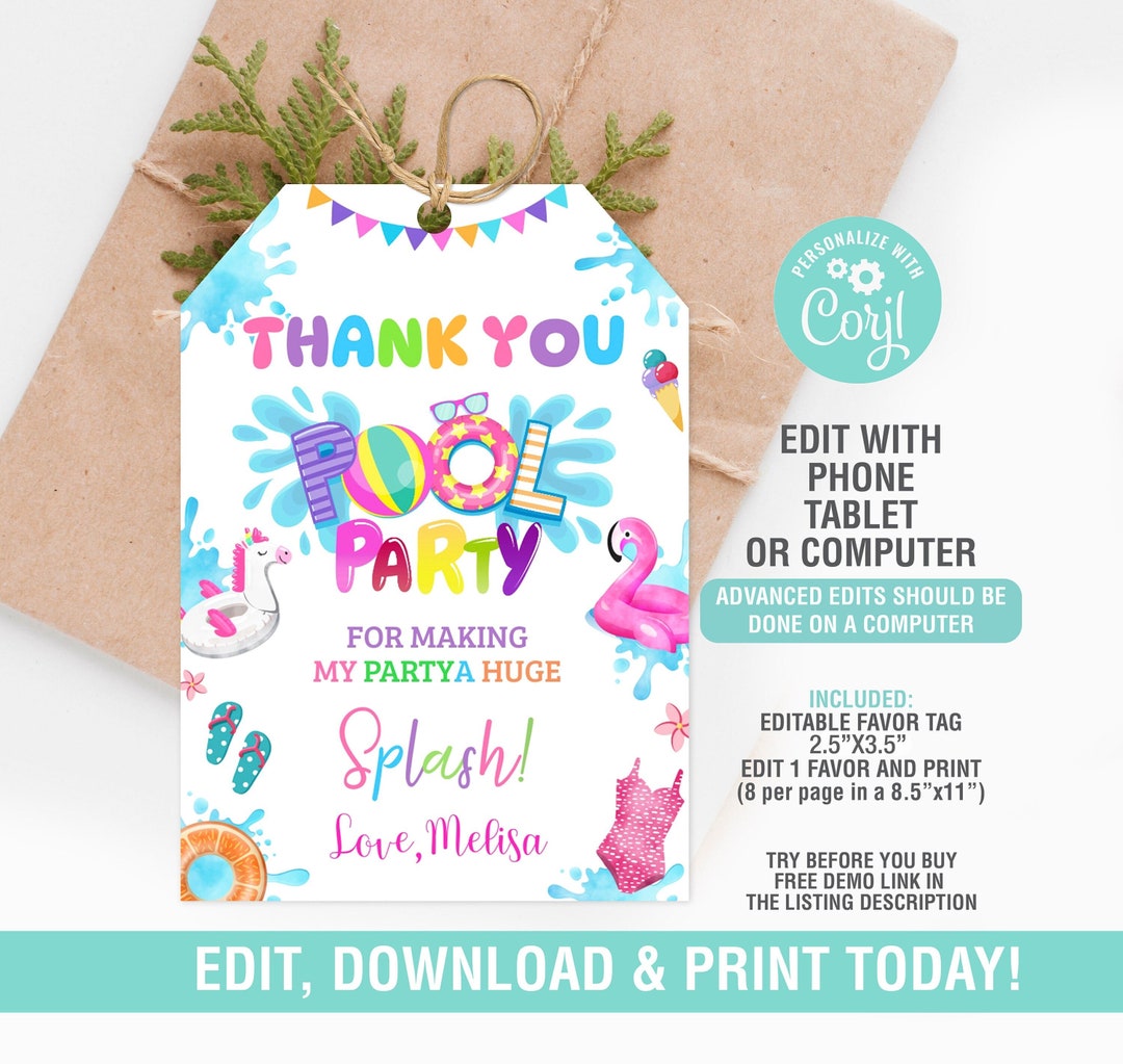 Pool Party Tags, Pool Favor Tag, Summer Tag, Pool Party Thank You Tag ...