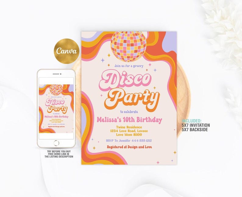 Editable Disco Party Birthday Invitation Template, Retro Groovy Party ...