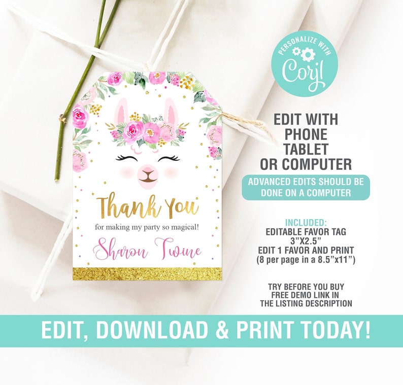 Llama Favor Tag EDITABLE Llama Tagsthank You Favor Tags - Etsy