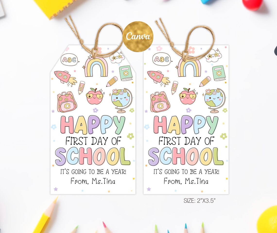 Back to School Tags Printable, Groovy First Day of School Tag, School ...