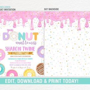 Donut Invitation EDITABLE, Donut Birthday Invite, Pink Donut Invite ...