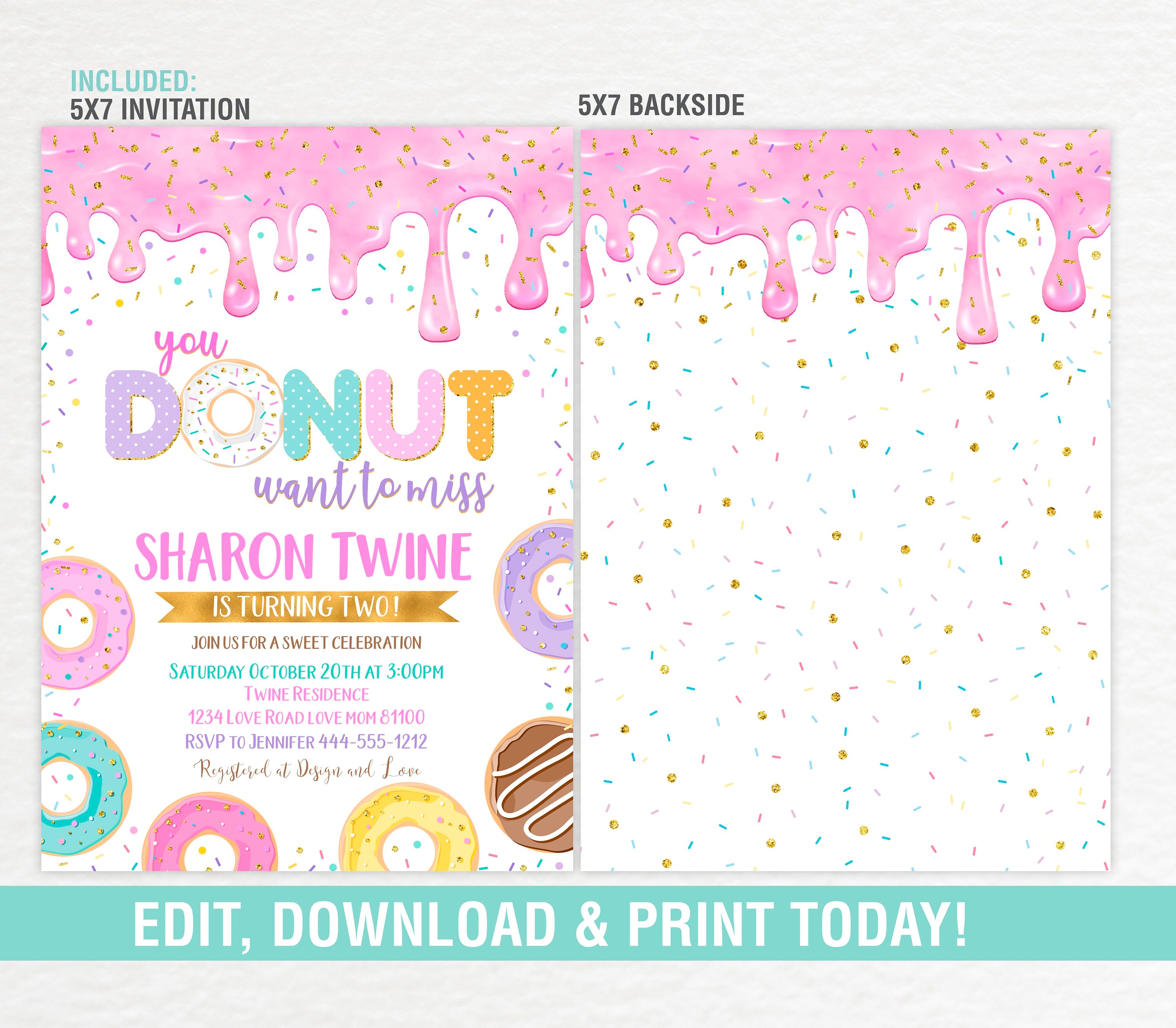 Donut Invitation EDITABLE, Donut Birthday Invite, Pink Donut Invite ...