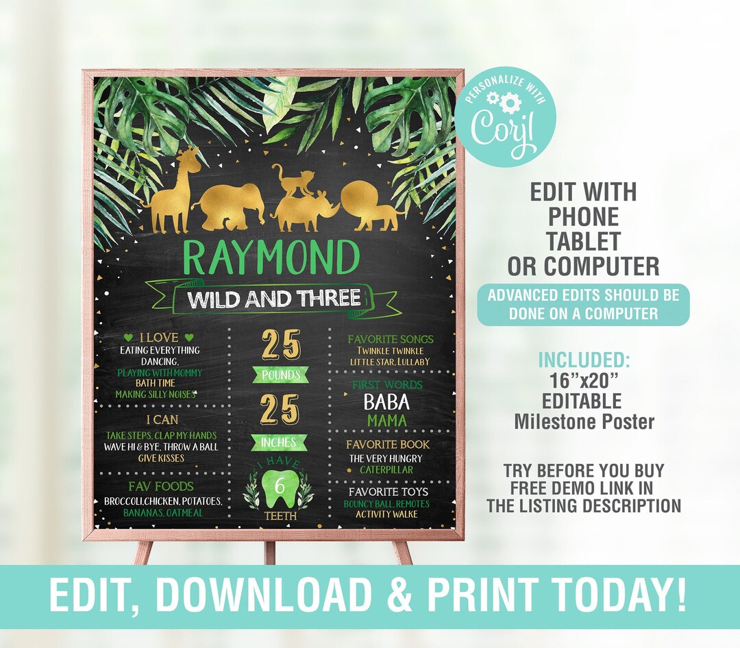 Safari Milestone Birthday Poster EDITABLE, First Birthday Chalkboard ...