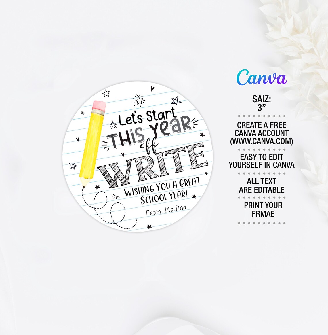 Back to School Pencil Round Gift Tag Editable, First Day of School ...