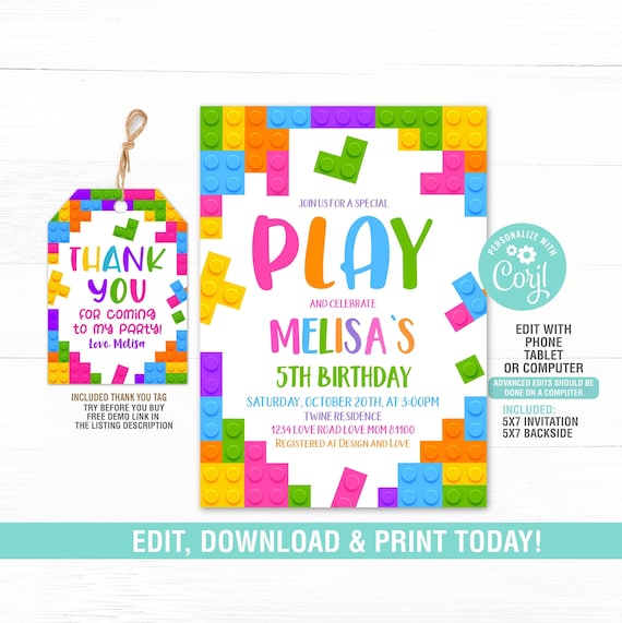 Building Blocks Birthday Invitation Set EDITABLE, Brick Birthday Invite ...