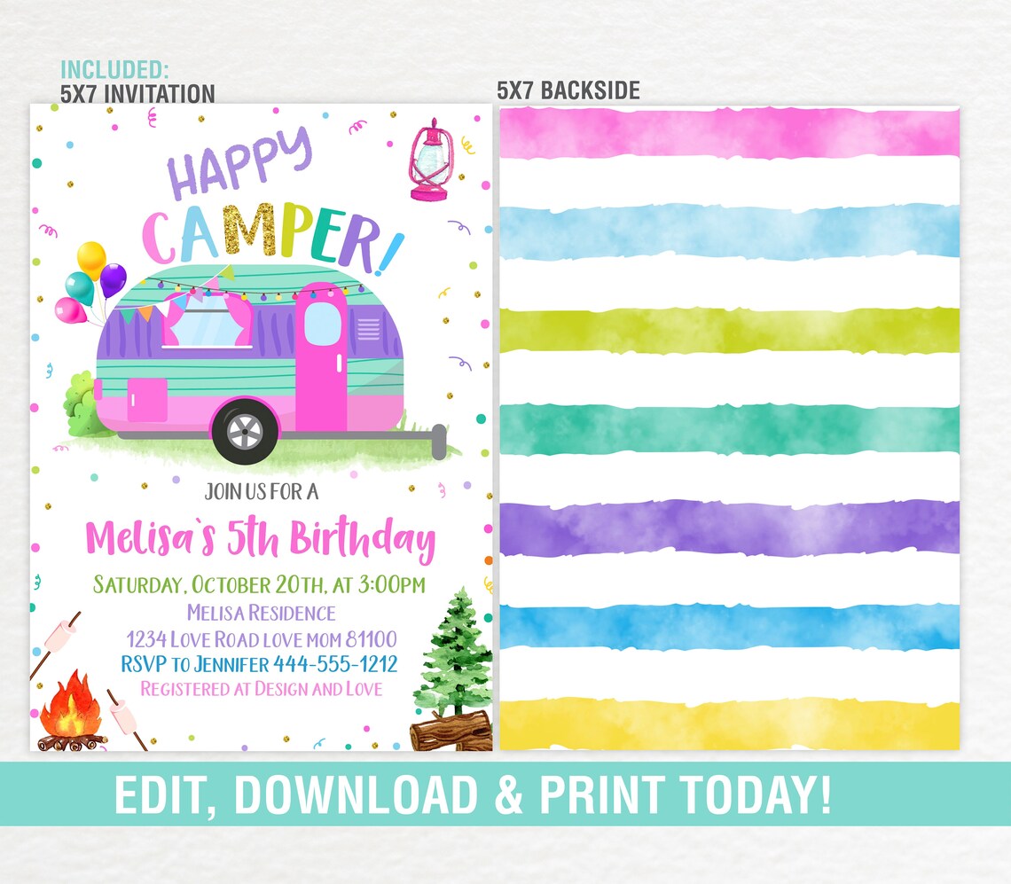 Happy Camper Invitation EDITABLE Camping Invite Camping | Etsy