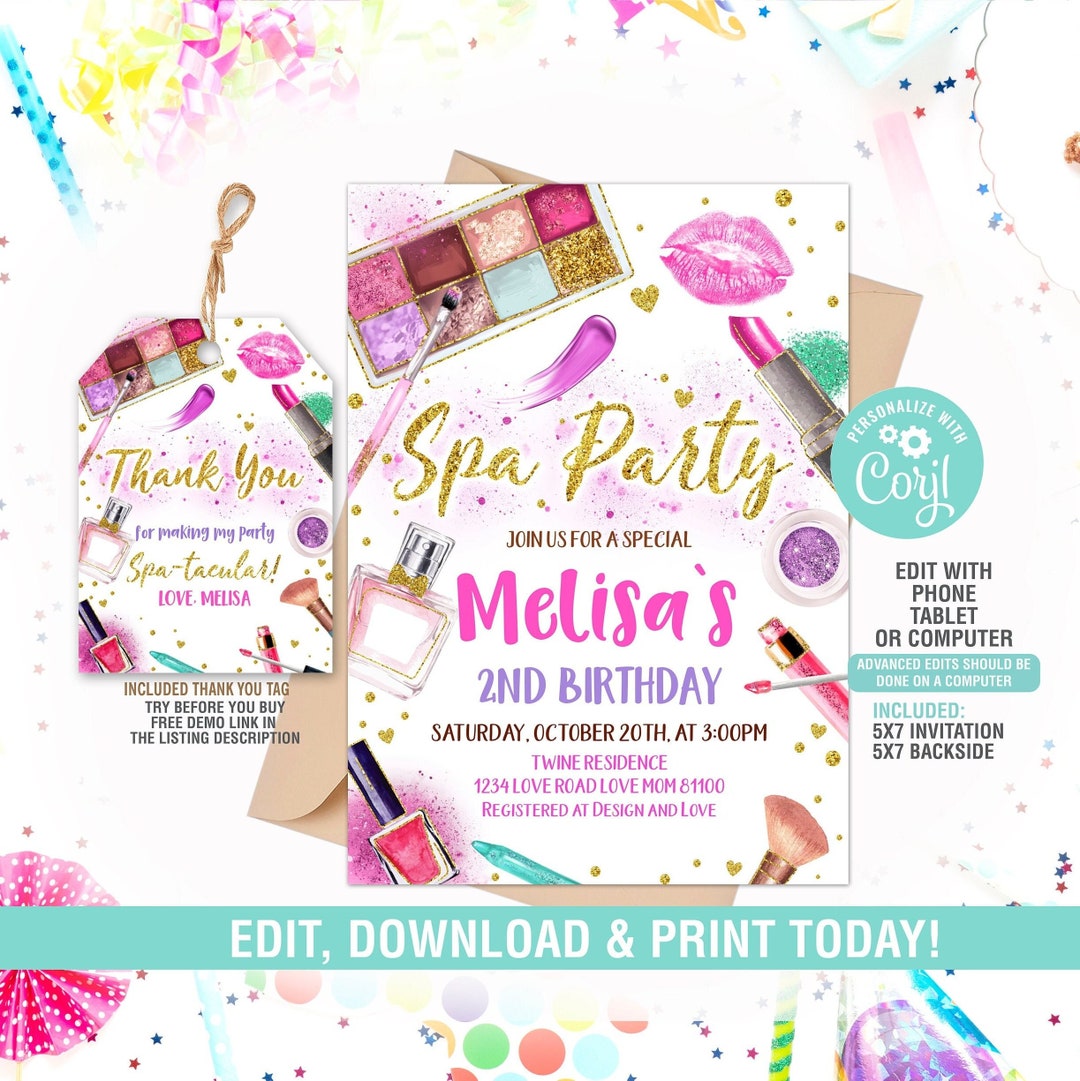 Editable Spa Party Birthday Invitation, SPA Party Tags, Makeup Party ...