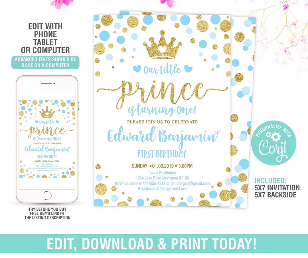 Crown Princess Birthday Invitation EDITABLE Template, Prince Invitation ...