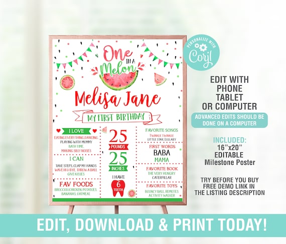 Editable Watermelon Milestone Birthday Poster Red Watermelon | Etsy
