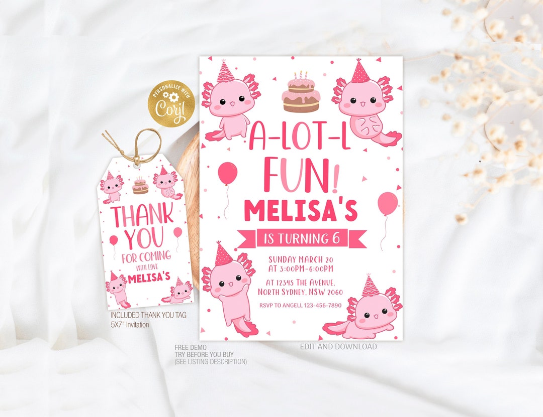 Axolotl Birthday Invitation, Editable Axolotl Girl Party Invite ...