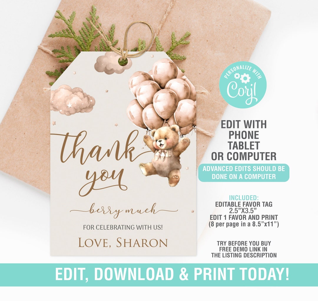 Teddy Bear Thank You Tag Editable, Thank You Berry Much Favor Tag ...