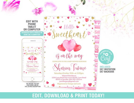 Valentine Baby Shower Invitation EDITABLE, A Little Sweetheart is on ...